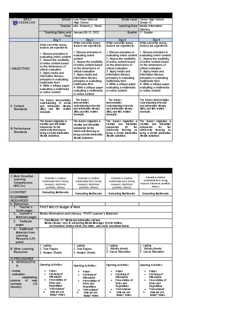 Lesson Plan Week 6 | PDF | Information Literacy | Multimedia