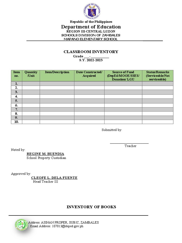 Classroom Inventory Template for DepEd | PDF | Government | Social ...