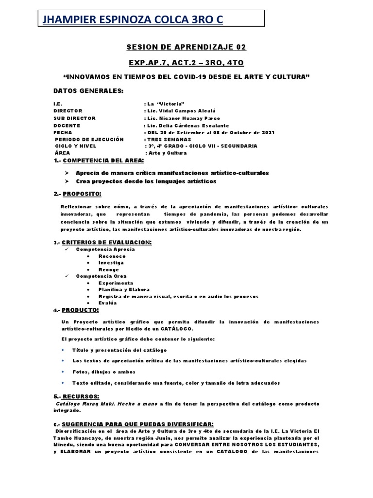 Arte-Ses - Ap. 01, Exp - Ap.7, Act.2,3ro, 4to, Jhampier Espinoza Colca 3ro C | PDF