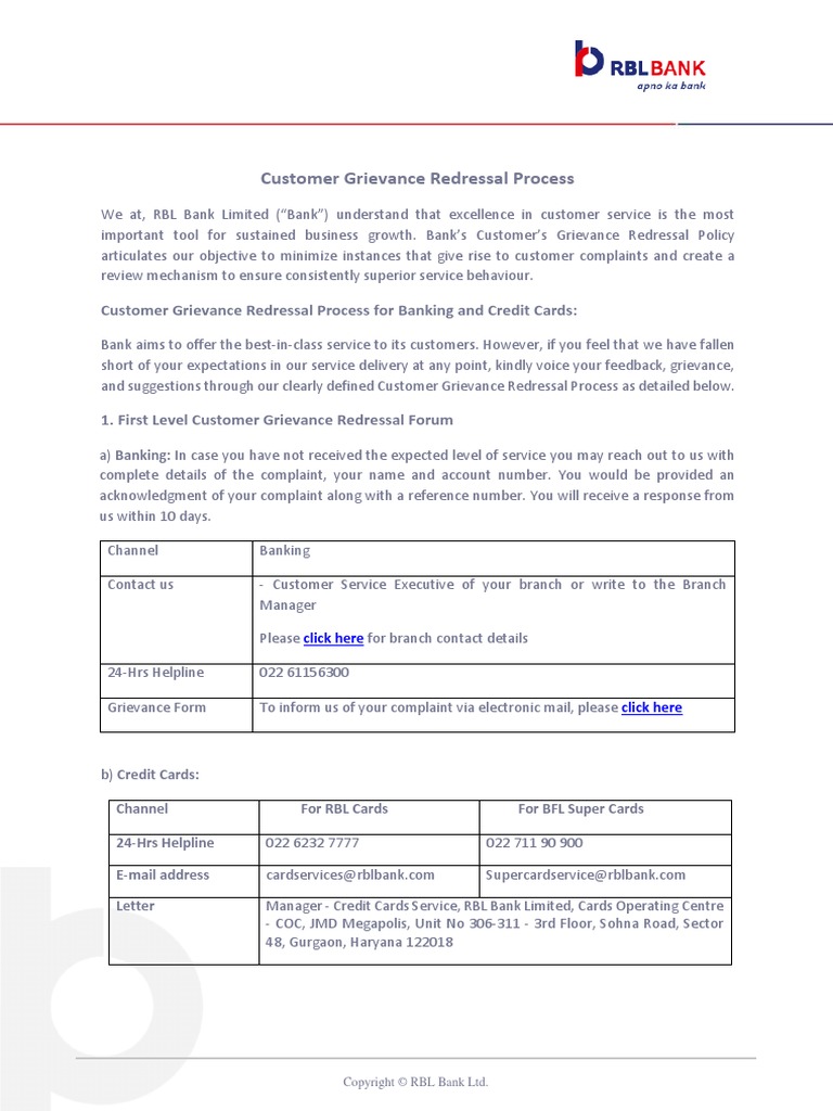 Customer Grievance Redressal Process Banking and Credit Cards | PDF ...