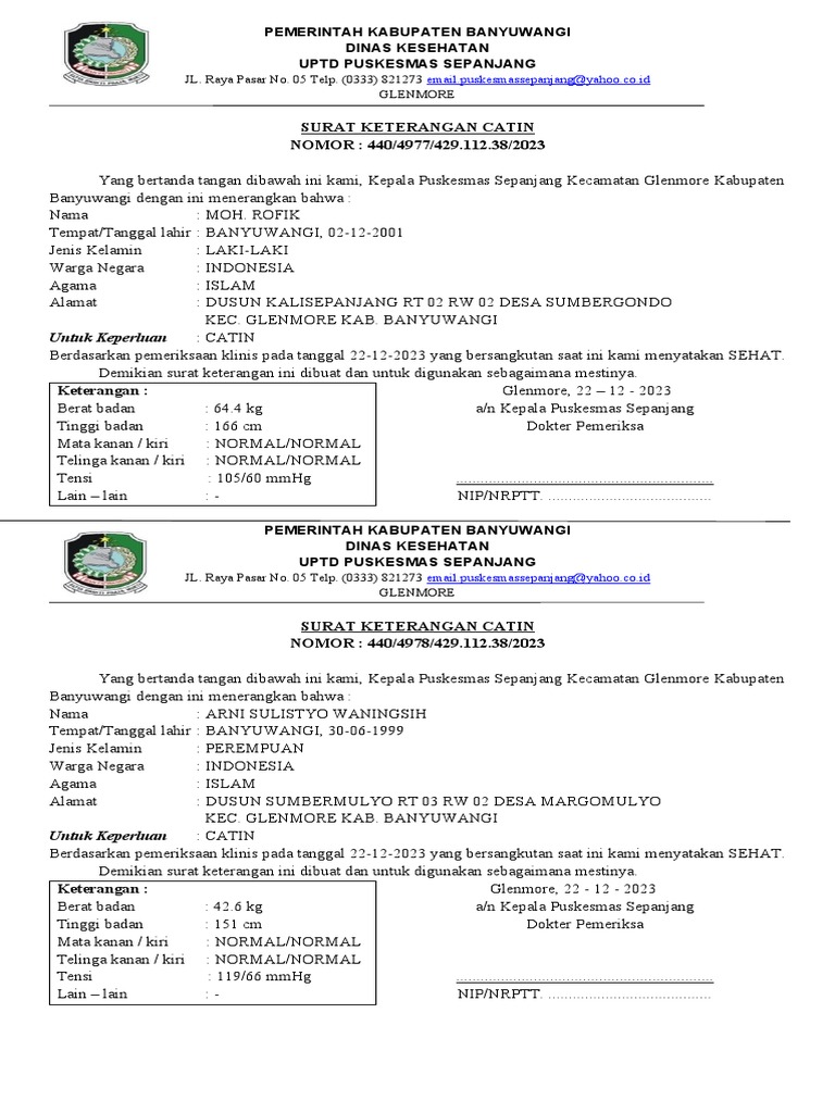 Surat Keterangan Catin | PDF | Kesehatan Holistik