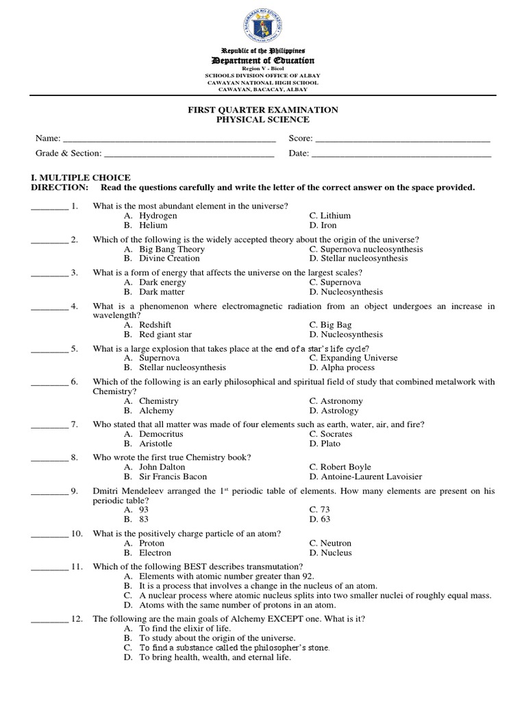 First Quarter Physical Science Exam | PDF