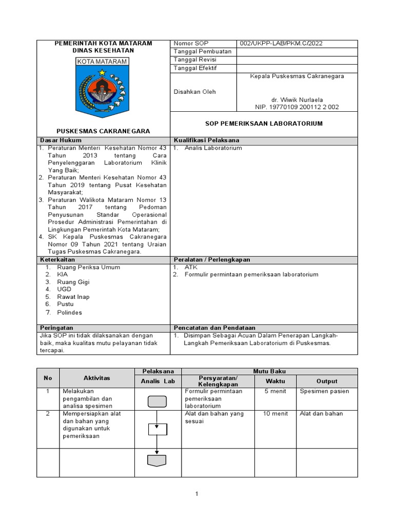 002 Sop Pemeriksaan Lab | PDF
