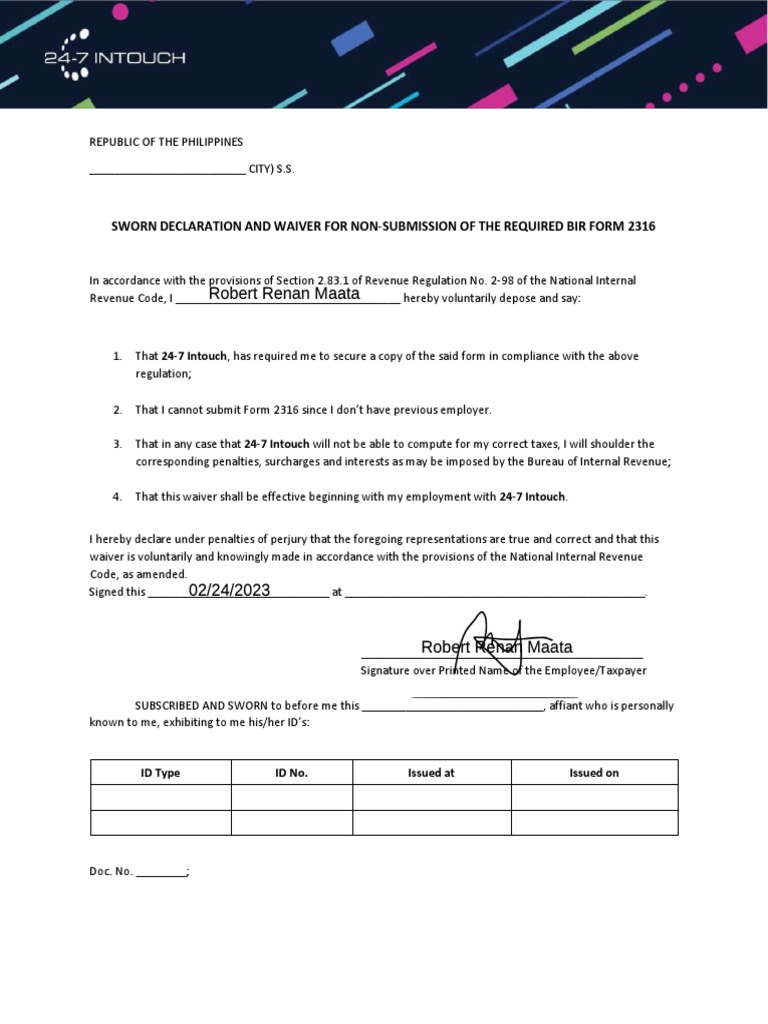 BIR Form 2316 Non-Submission Waiver | PDF