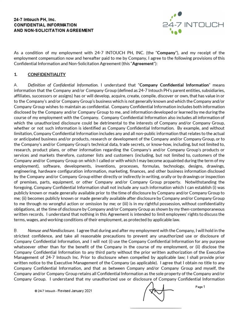 PH Confidentiality Agreement - January 2021 | PDF