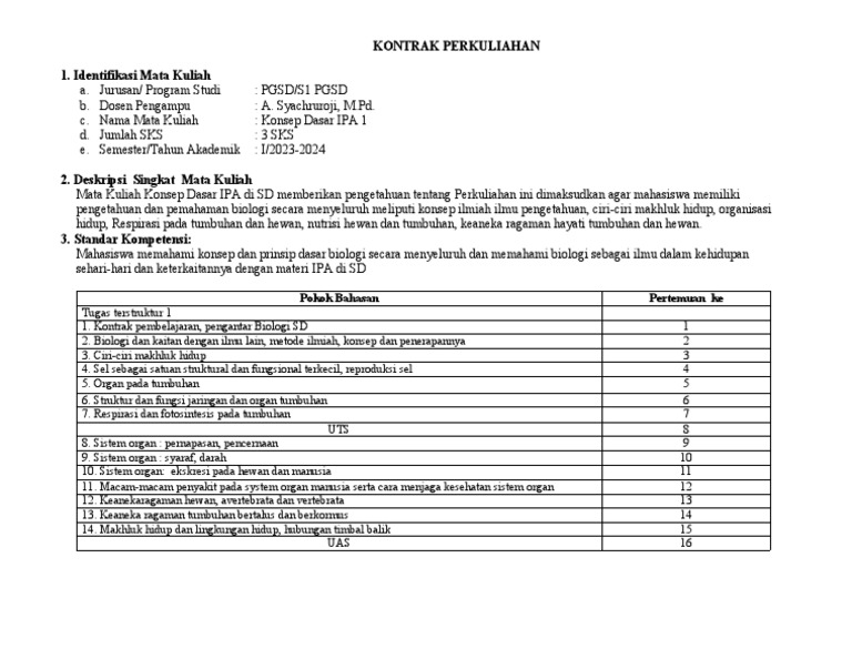Kontrak Perkuliahan Kdi-1 2023 | PDF