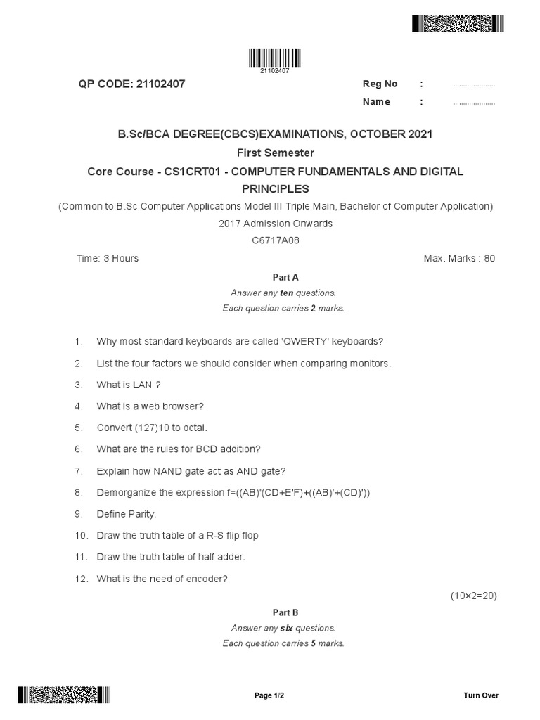 BSC Bca 1 Sem Computer Fundamentals and Digital Principles 21102407 Oct ...