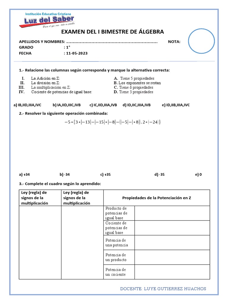1°. Álgebra - Exam-I Bimestre | PDF | Exponenciación | Multiplicación
