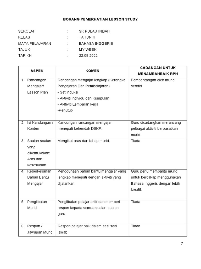Borang Pemerhatian Lesson Study by Muhammad Zulfadhli | PDF