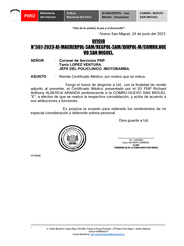 Oficio - Remite Certificado Médico | PDF