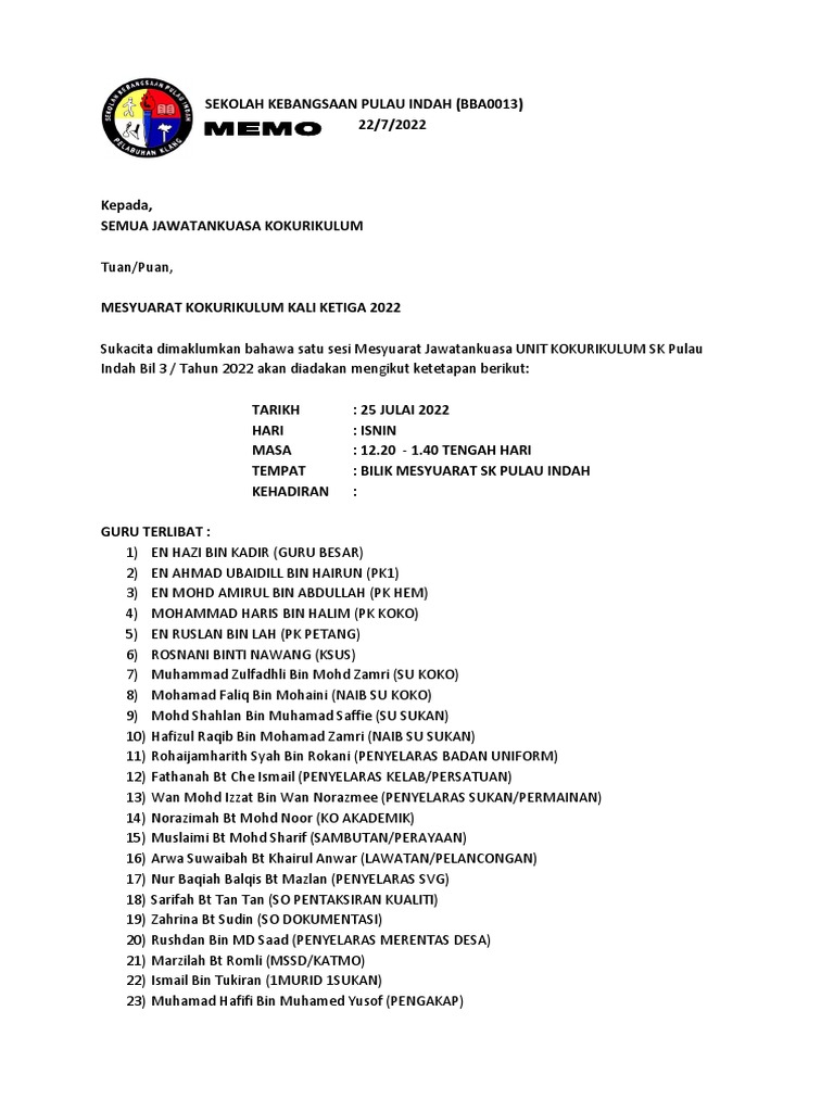 MEMO MESYUARAT UNIT KOKURIKULUM KALI KE 3 2022 by Muhammad Zulfadhli | PDF