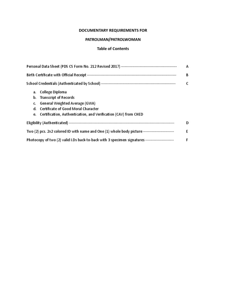 Table of Contents (Initial Requirements For PNP) | PDF