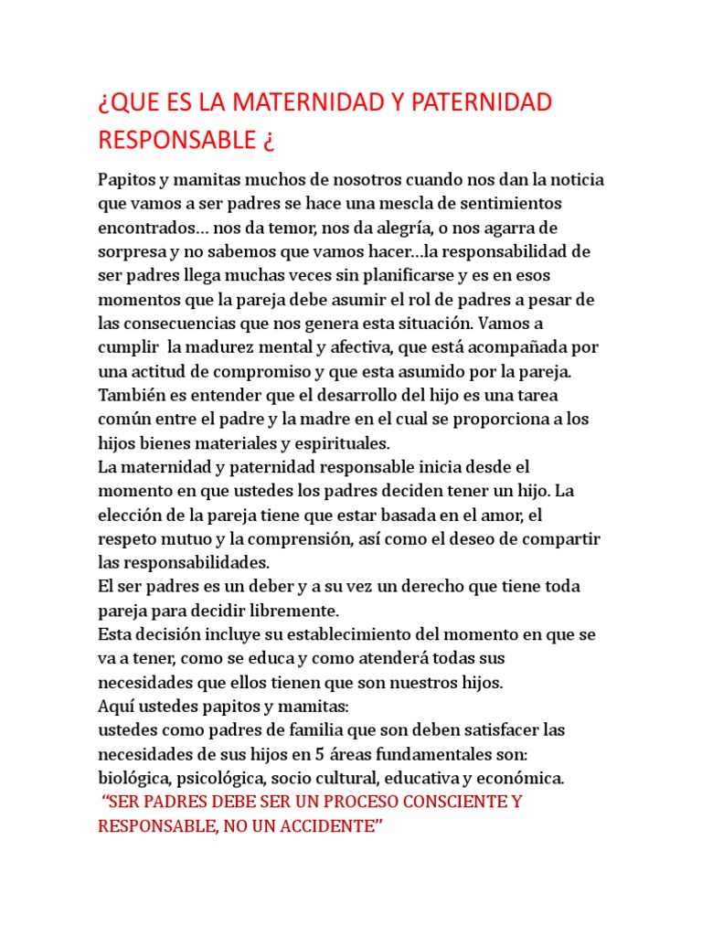 Que Es La Maternidad y Paternidad Responsable (Apego) | PDF