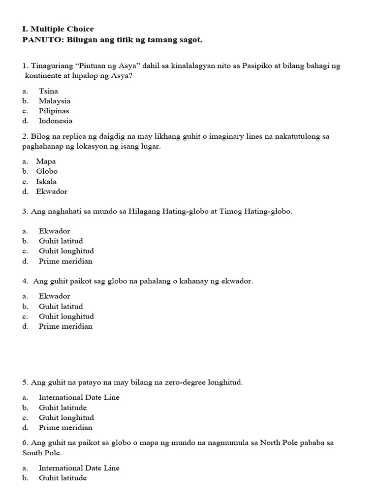 I. Multiple Choice PANUTO: Bilugan Ang Titik NG Tamang Sagot | PDF