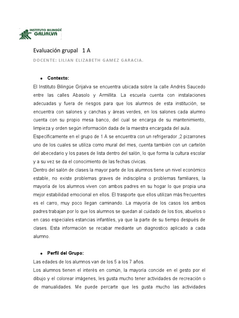 Evaluación Grupal 1A | PDF | Aprendizaje | Salón de clases