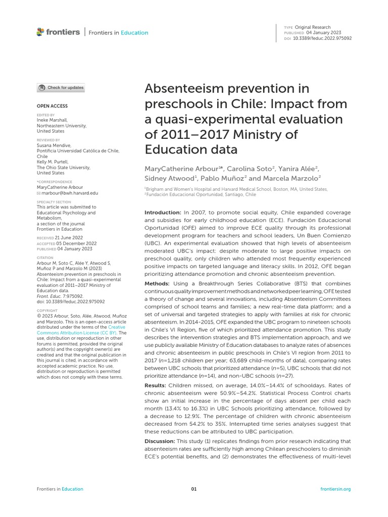 Absenteeism Prevention in Preschools in Chile Impact From A Quasi ... Absenteeism Prevention in Preschools in Chile Impact From A Quasi ...