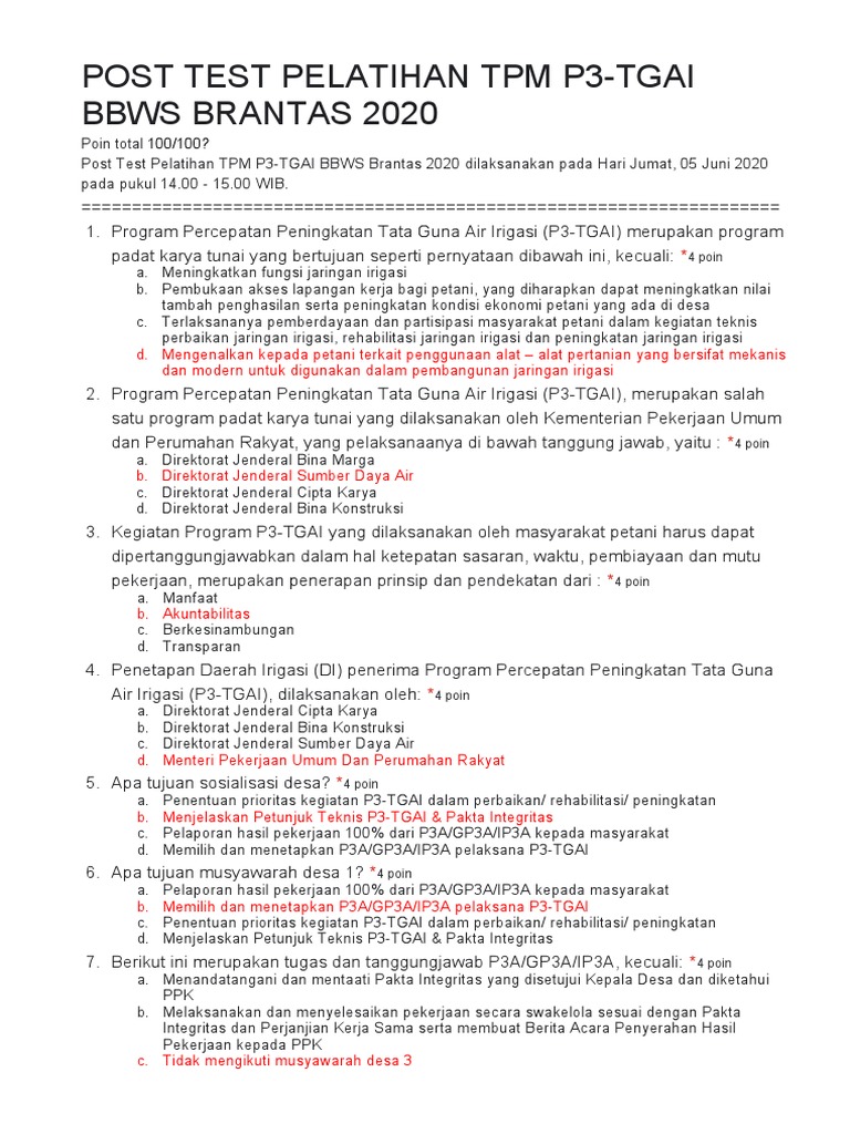 Post Test Pelatihan TPM P3-Tgai BBWS Brantas 2020 | PDF