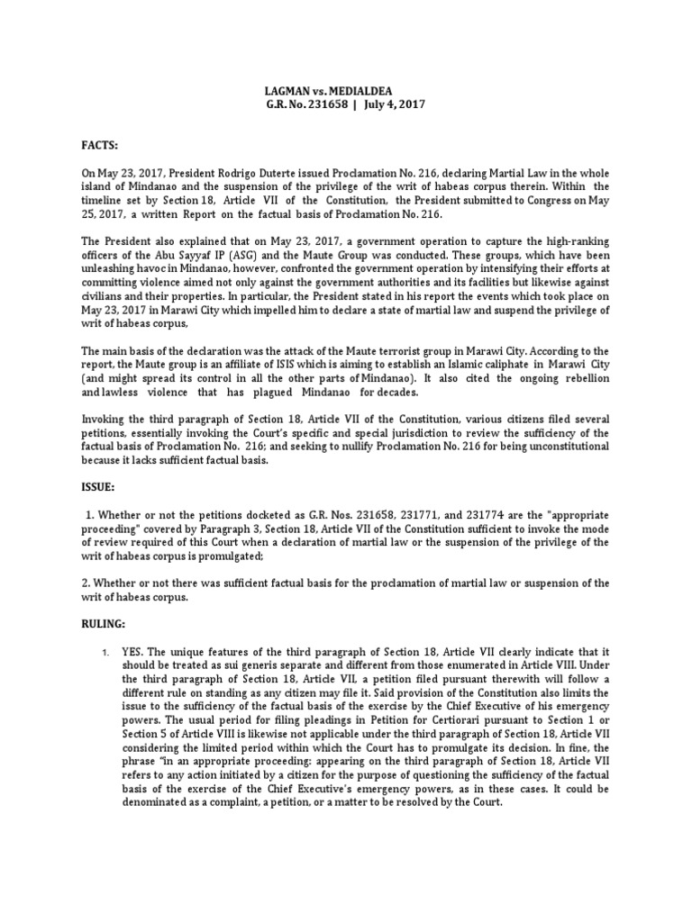 Lagman vs. Medialdea: Martial Law Review | PDF | Habeas Corpus | Facial ...