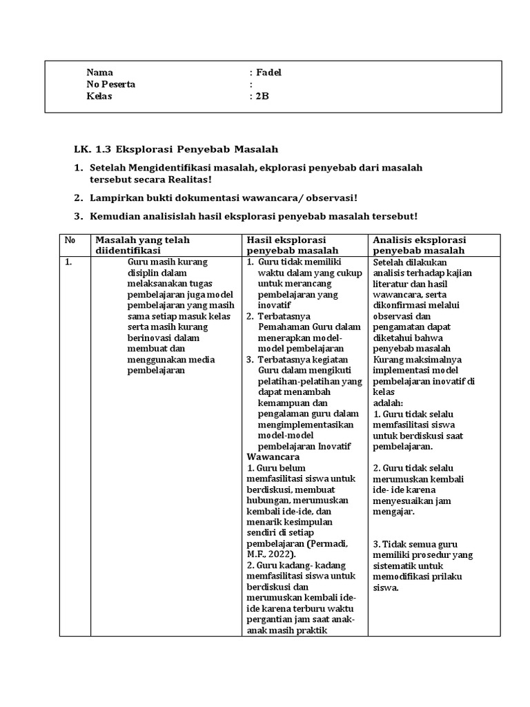 Lembar Kerja 1.3 Eksplorasi Penyebab Masalah Secara Realitas | PDF