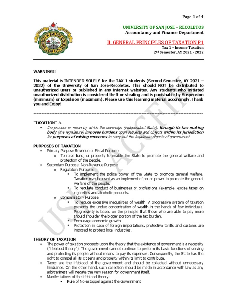 Tax1 Ii General Principles Part 1 Download Free Pdf Taxes