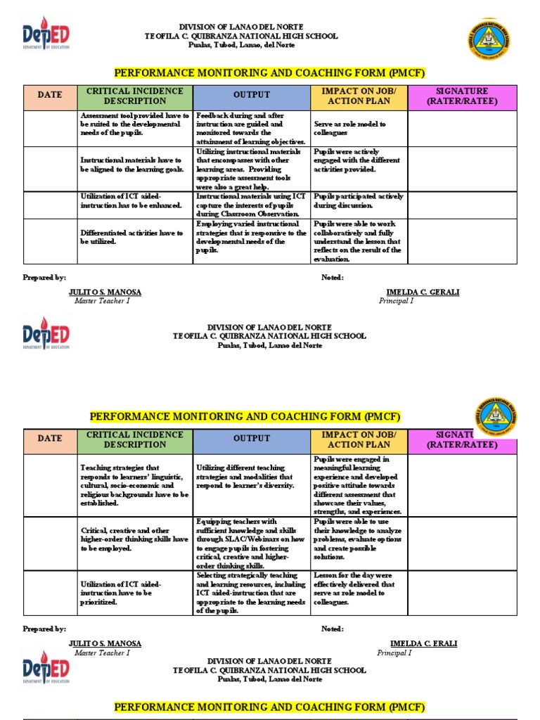 Sample Performance Monitoring and Coaching Formpmcf | PDF
