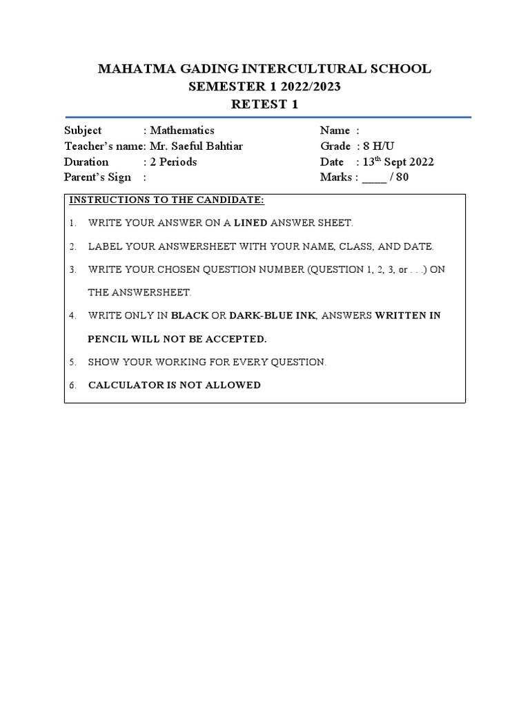 Mathematics Re-Unit Test Grade 8 2022-2023 | PDF
