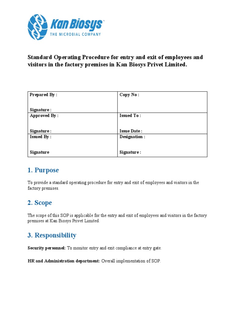 Sop For Employee Entry and Exit and Visitor | PDF