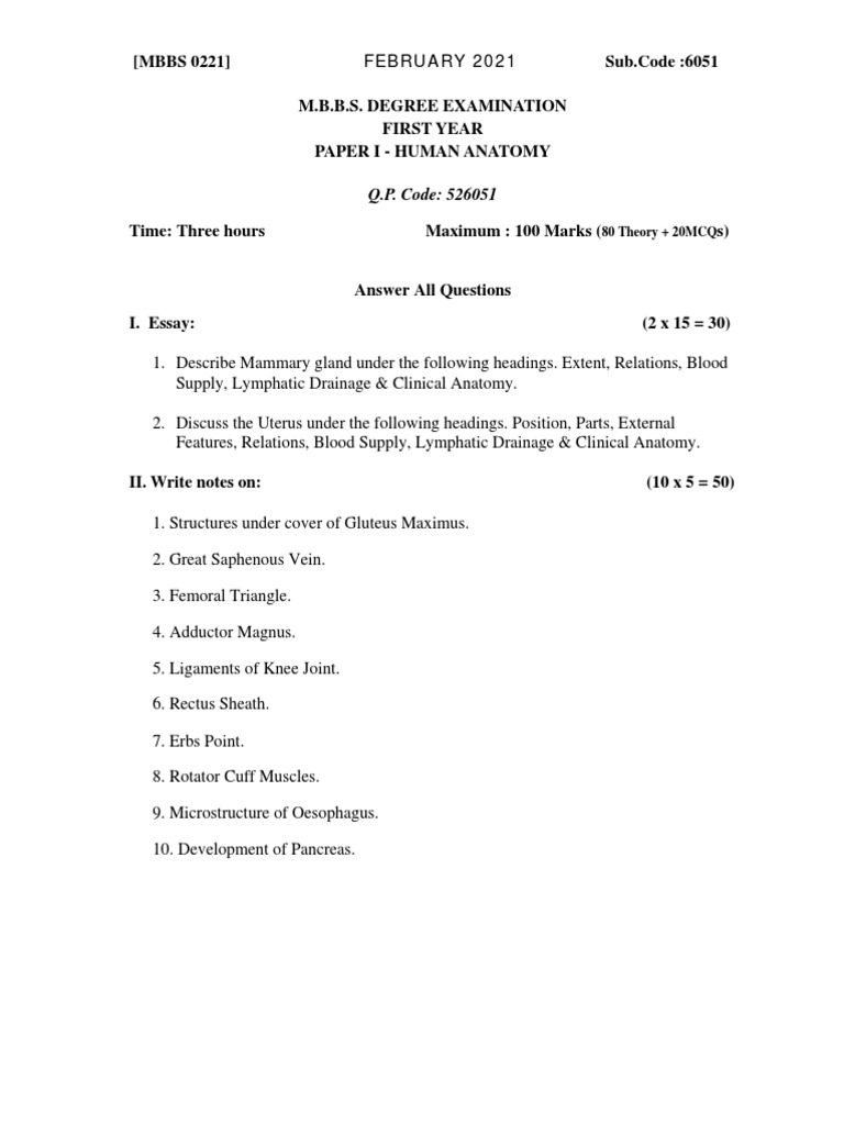 Human Anatomy MBBS Exam Papers 2021-2023 | PDF | Human Body | Anatomy