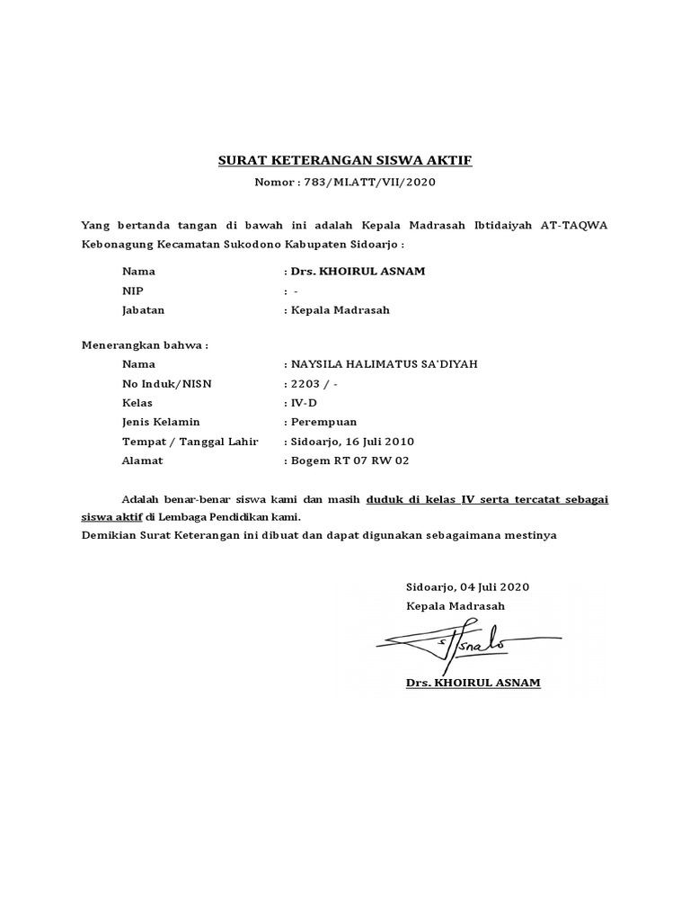 Surat Keterangan Siswa Aktif Pdf