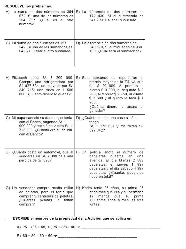 RESUELVE Los Problemas DE SUMA Y RESTA | PDF | Aritmética | Matemática ...