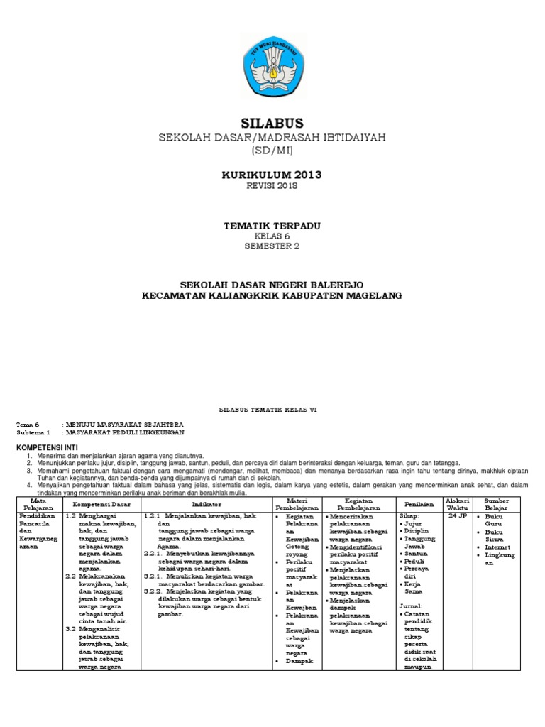 Silabus Kelas 6 Tema 6 | PDF