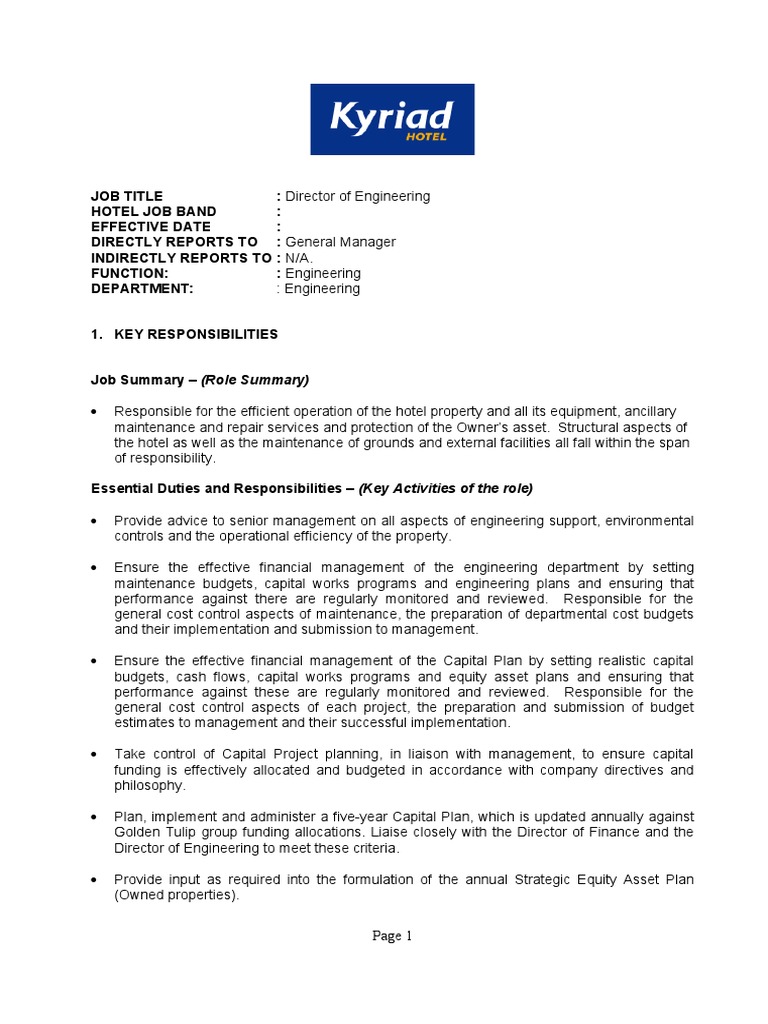 Hotel Engineering Director Job Description | PDF | Energy Conservation ...