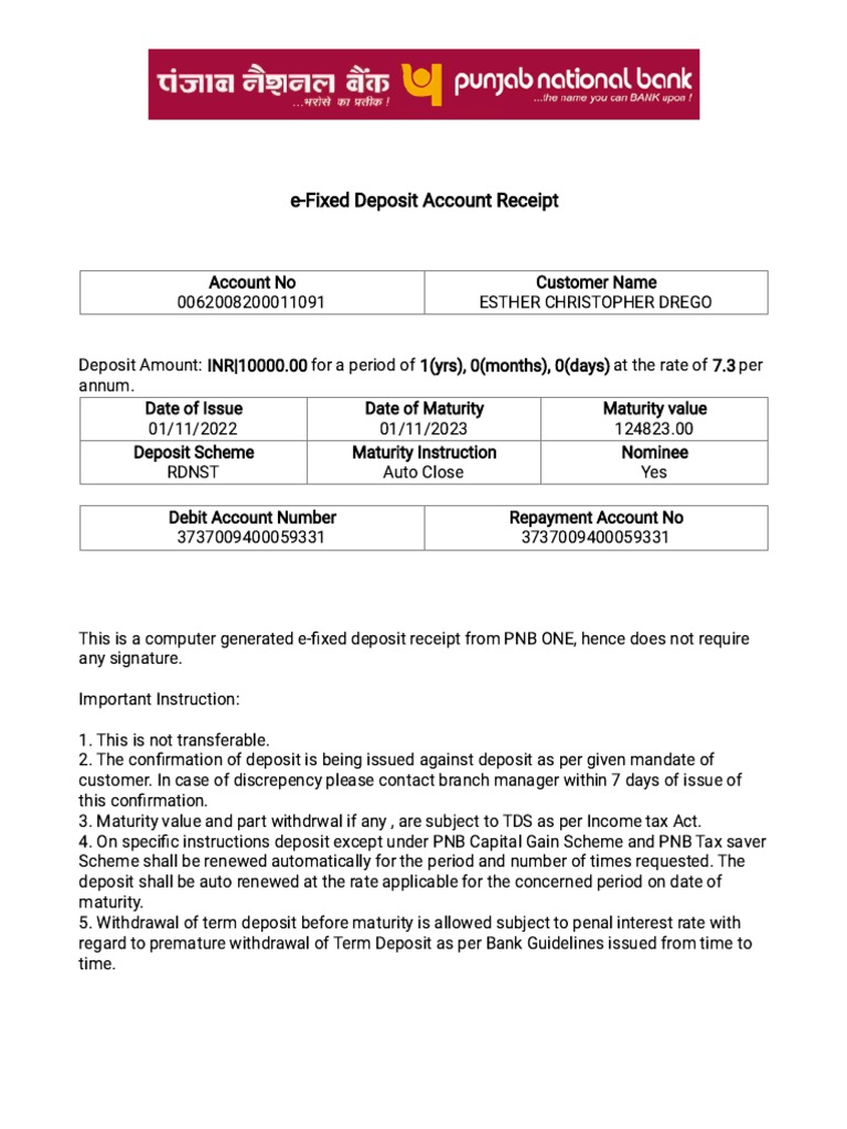 E-Fixed Deposit Account Receipt | PDF | Finance & Money Management