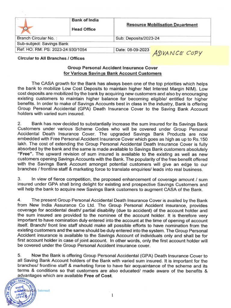 GPA Insurance Cover For Various SB Accounts | PDF