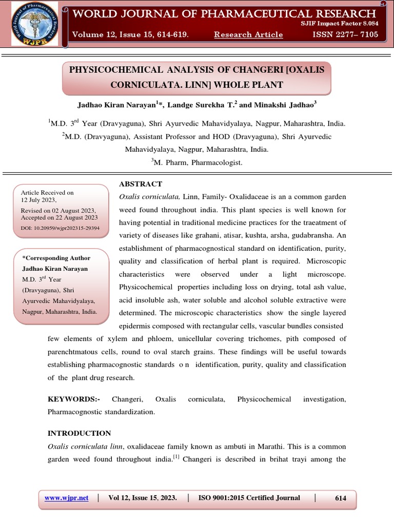 Physicochemical Analysis of Changeri (Oxalis Corniculata. Linn) Whole ...