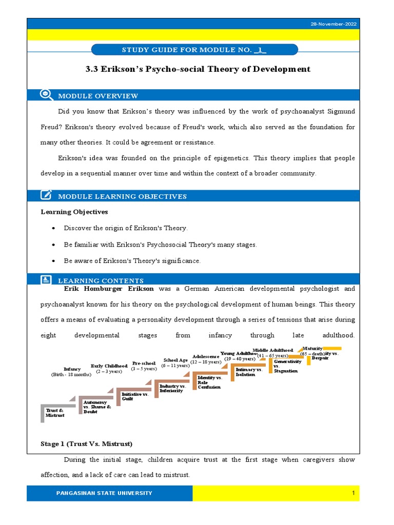 3.3 Erikson's Psycho-Social Theory of Development (Study Guide) | PDF ...
