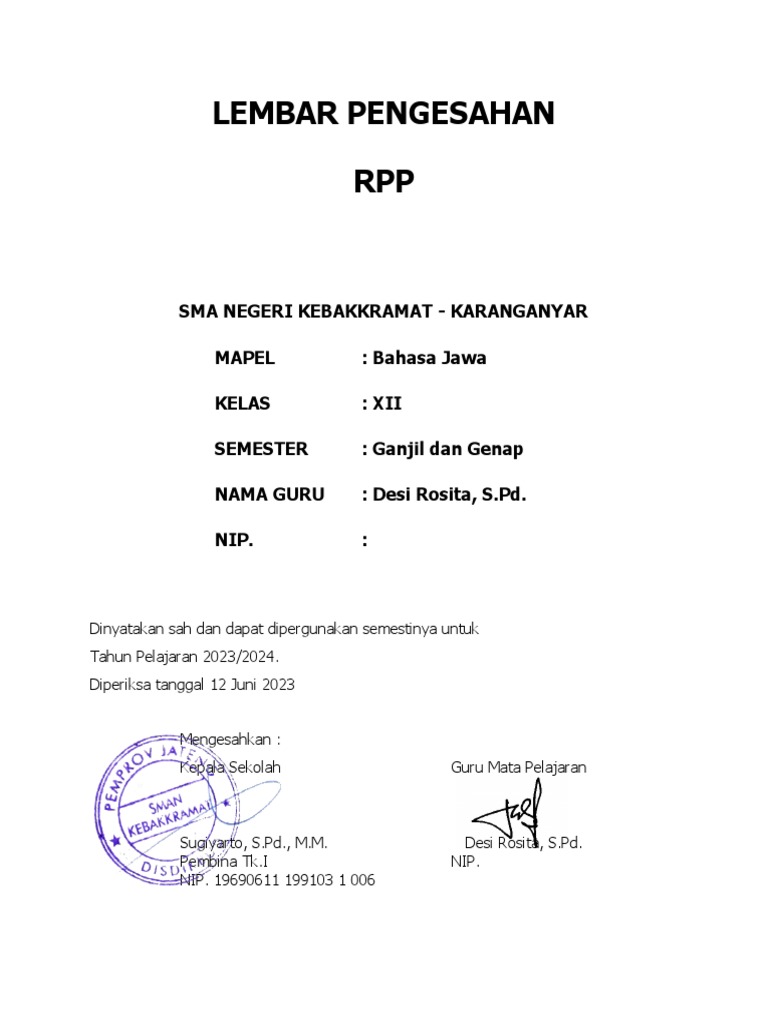 Lembar Pengesahan RPP | PDF