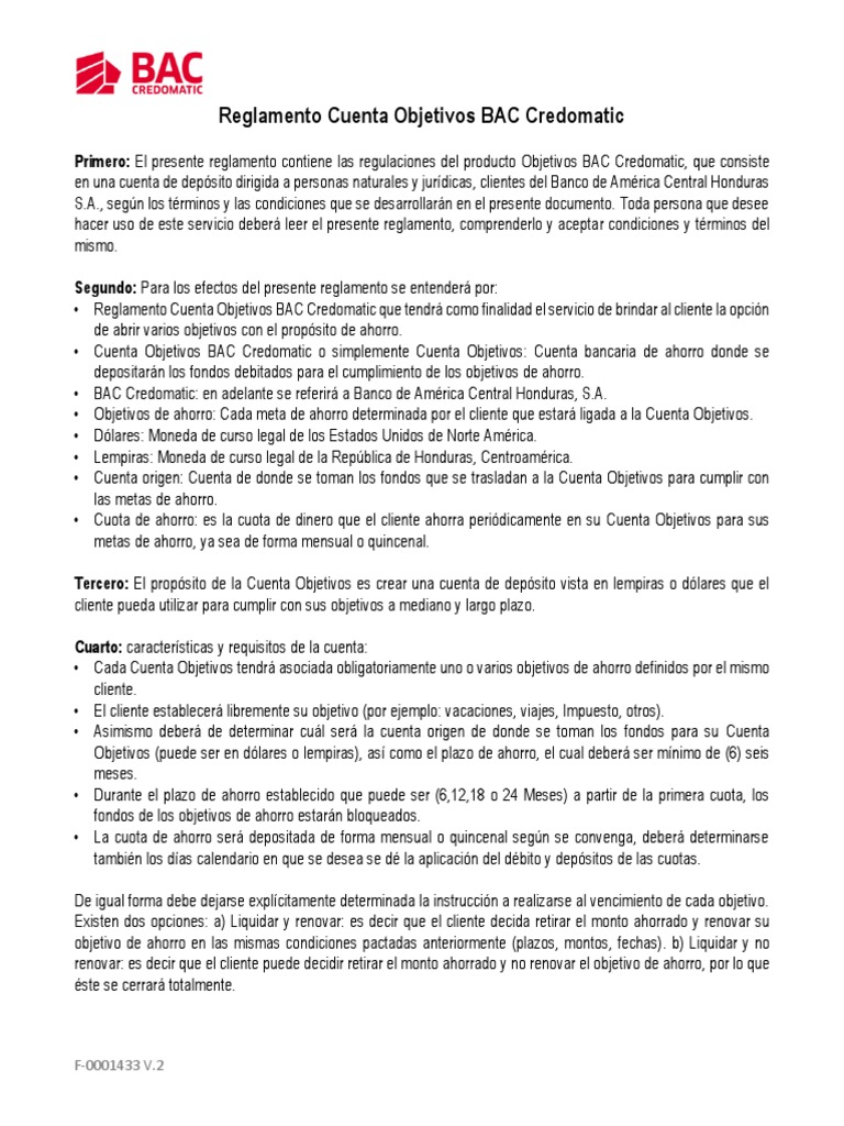 Reglamento Cuenta Objetivos Bac Credomatic v2 | PDF