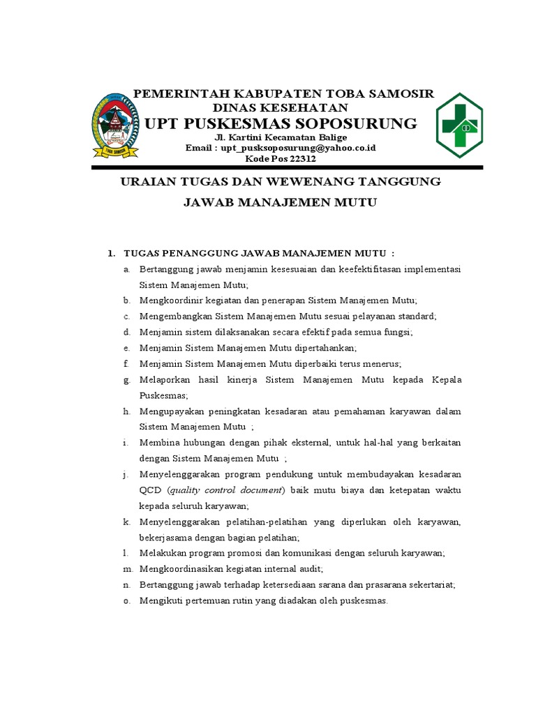 Uraian Tugas Dan Wewenang Dan Tanggung Jawab Wakil Manajemen Mutu | PDF Uraian Tugas Dan Wewenang Dan Tanggung Jawab Wakil Manajemen Mutu | PDF
