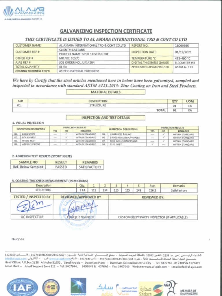 Galvanizing Certificate | PDF