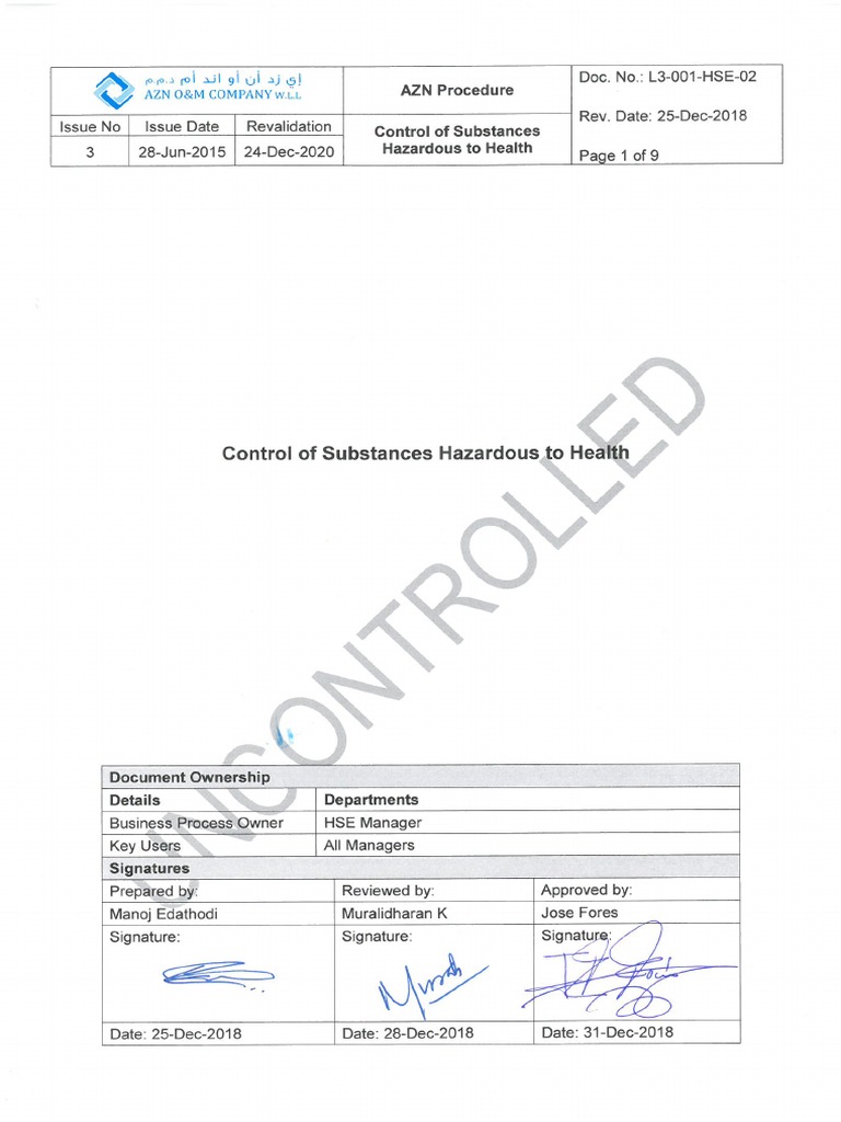 L3-001-HSE-02-Control of Substances Hazardous To Health | PDF