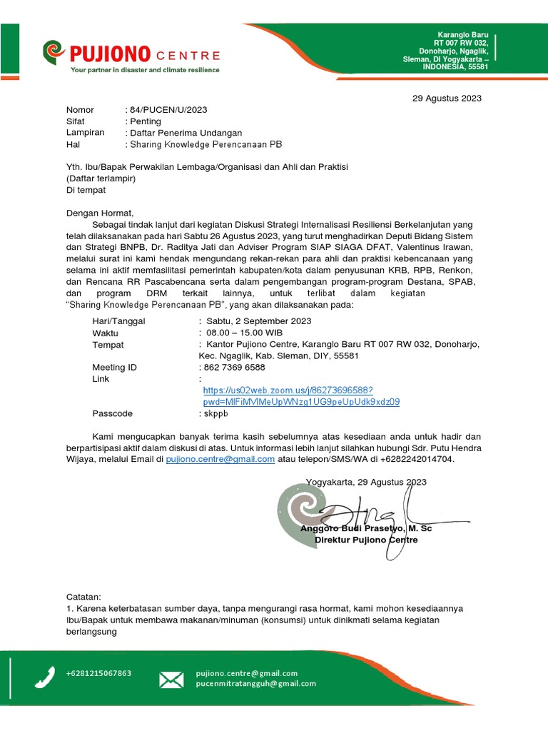 Undangan Sharing Knowledge Perencanaan PB - Pujiono Centre | PDF
