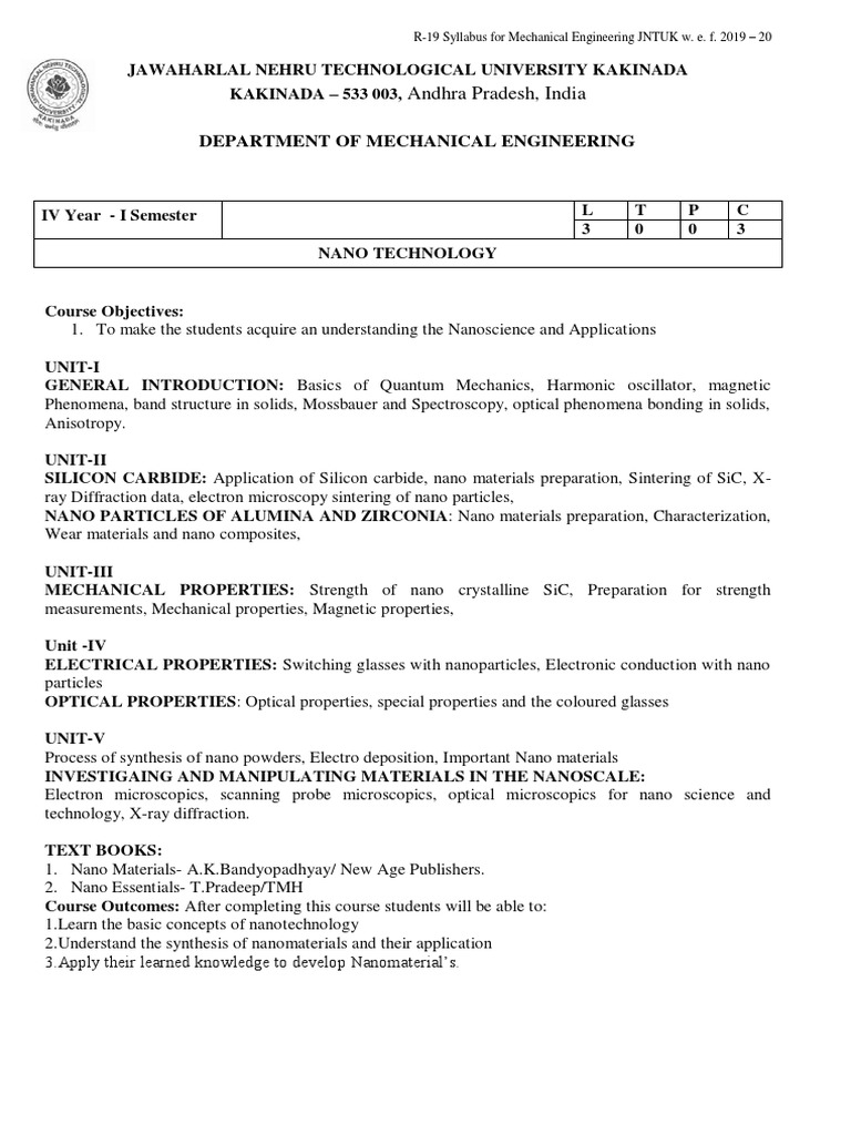 R19 - Nano Technology Syllabus (Mech 4-1) | PDF