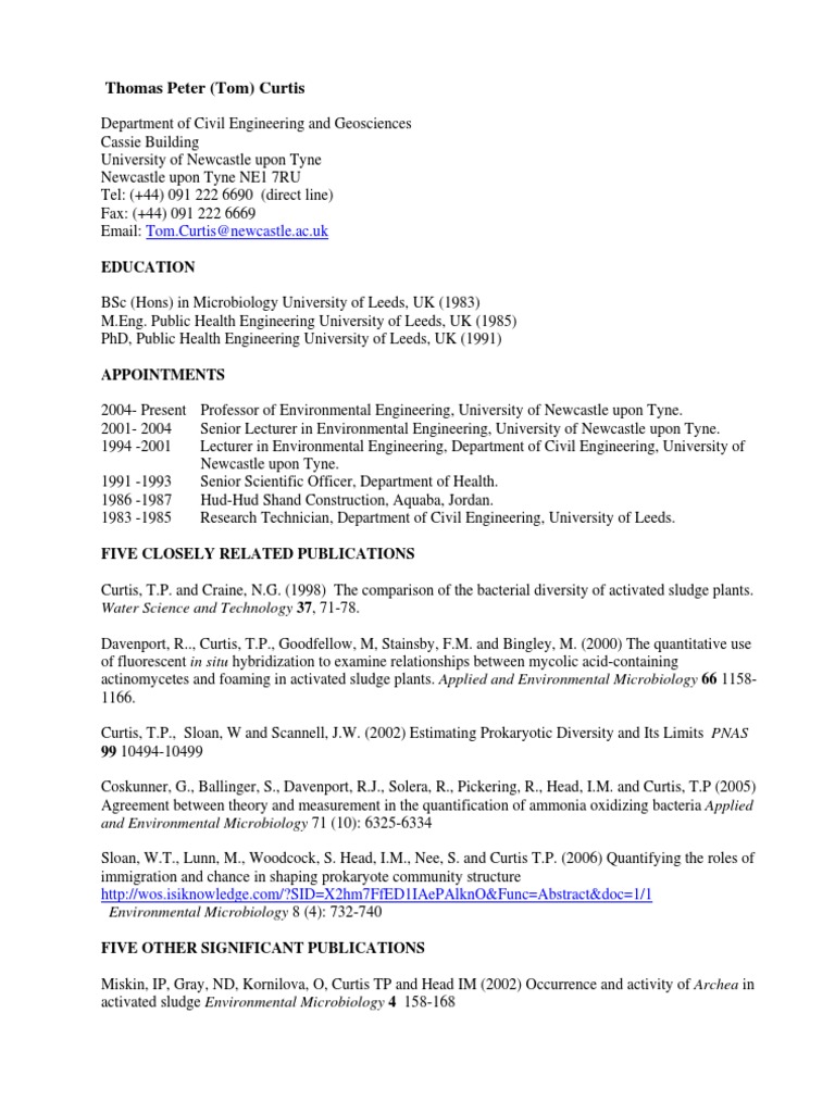 Microbial Ecology Curtis NSF CV | PDF | Sewage Treatment | Microbiology