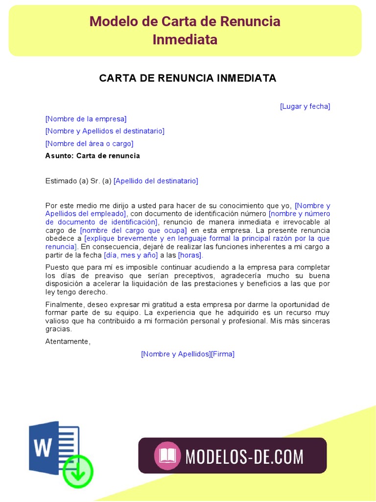 Modelo Carta Renuncia Inmediata Pdf
