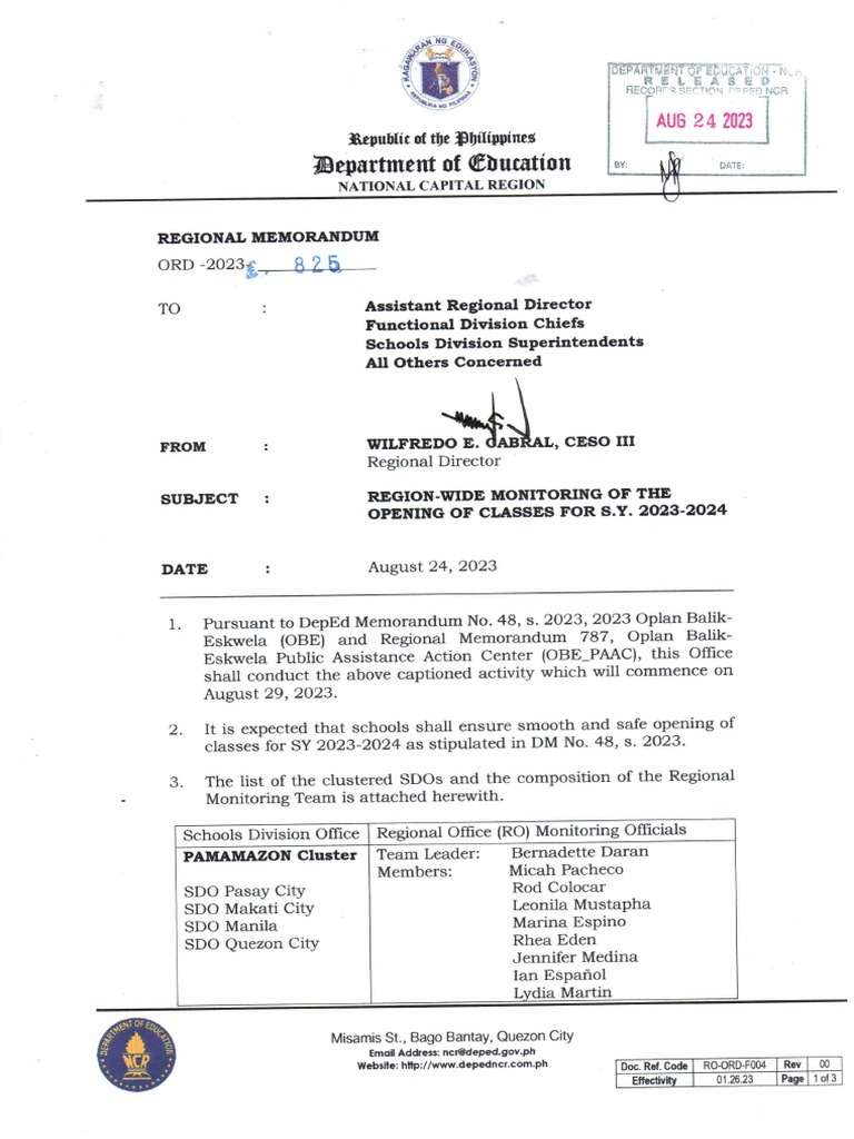 RM 2023 825 Regionwide Monitoring of The Opening of Classes For 2023 ...