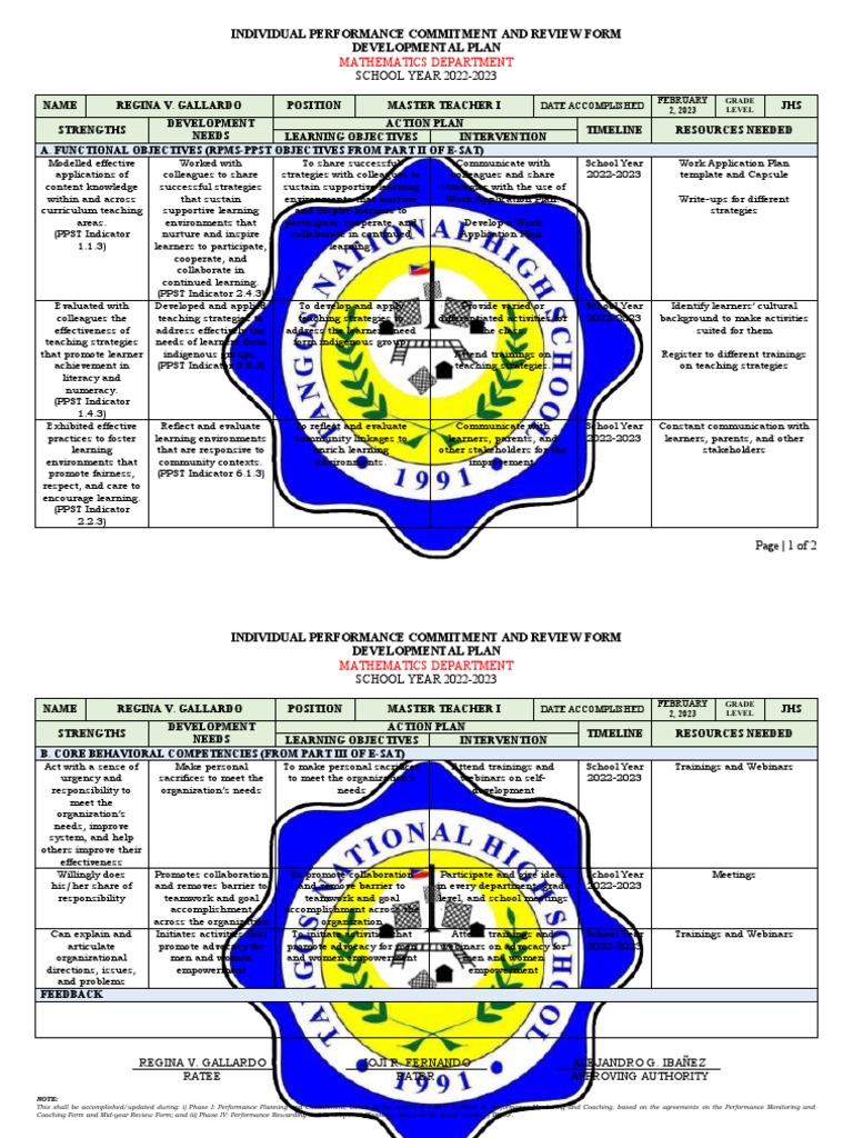 Individual Performance Commitment And Review Form 1 Pdf Learning Collaboration
