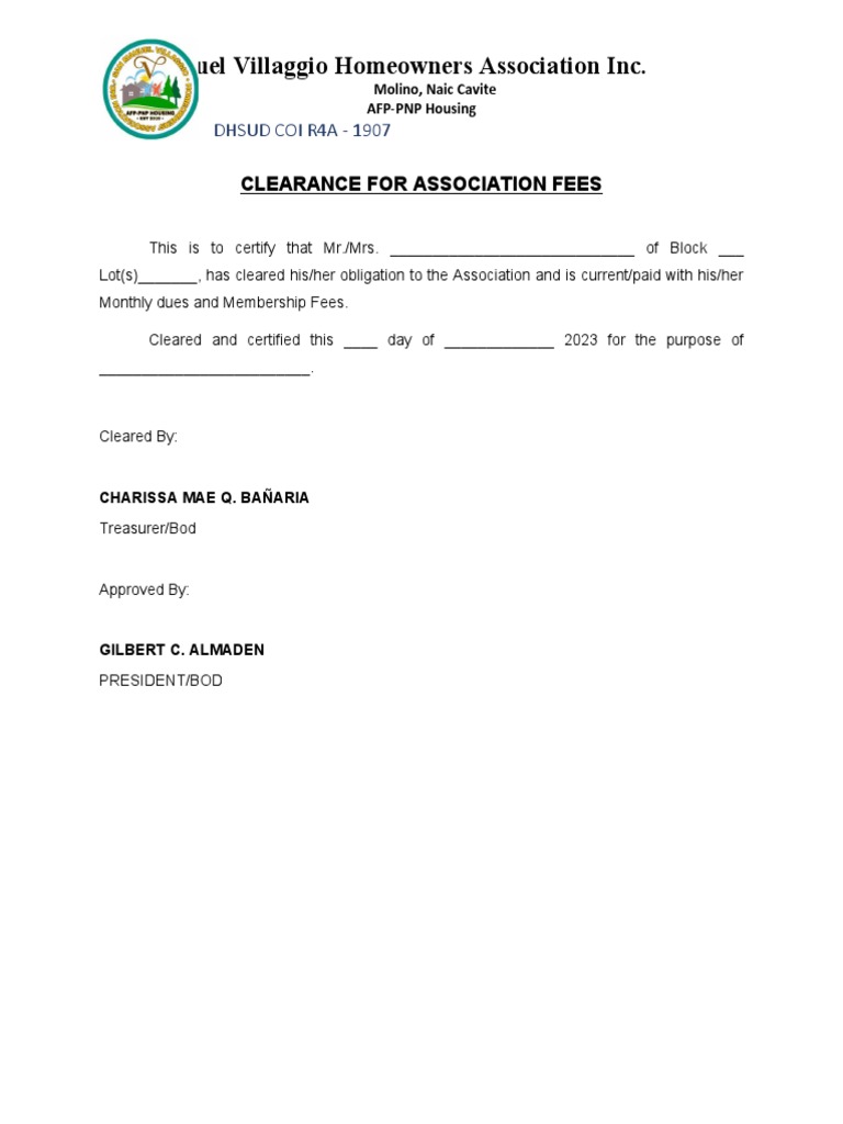 Clearance For Association Dues | PDF