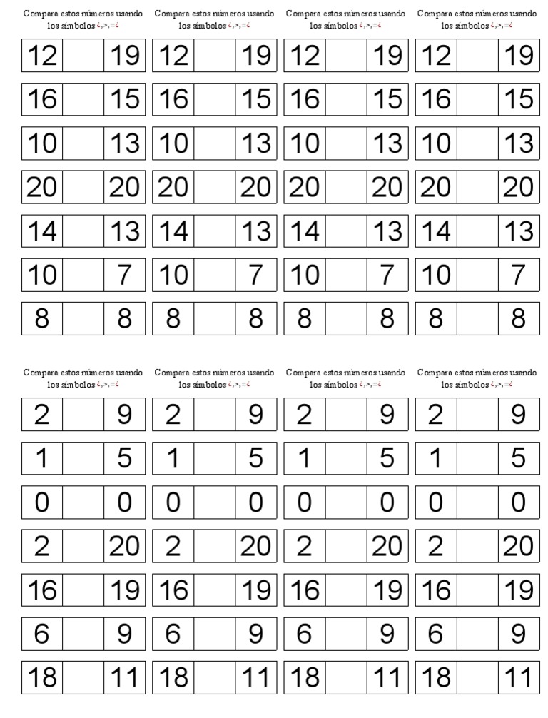 Comparacion Numeros Hasta 20 | PDF