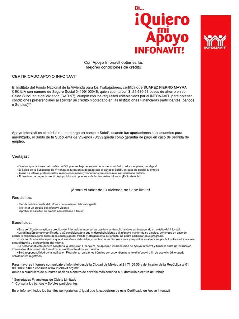 Certificado Apoyo Infonavit: Ventajas y Requisitos | PDF | Bancos | Crédito